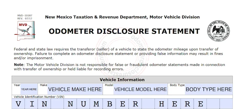 New Mexico Odometer Disclosure Statement - NM - 2025 Form